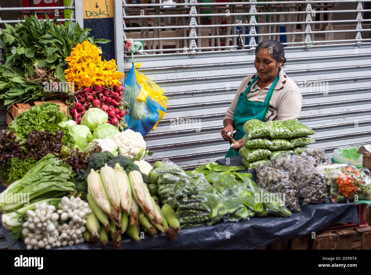 Mature Mexican woman selling fruits and vegetables in a market in ...
