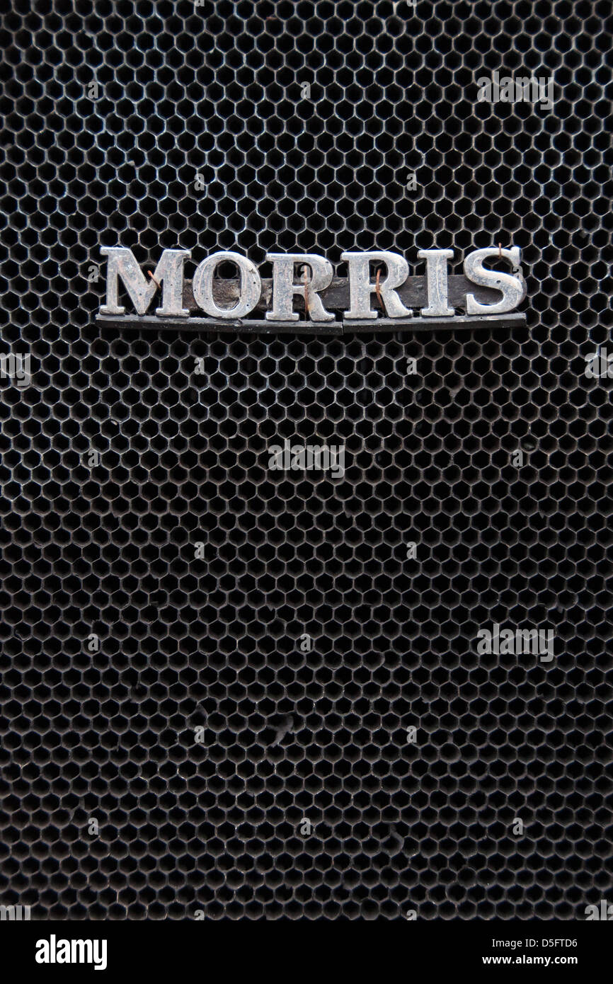 Details of the Morris cars badge on a dark engine grill, Oxford, United ...