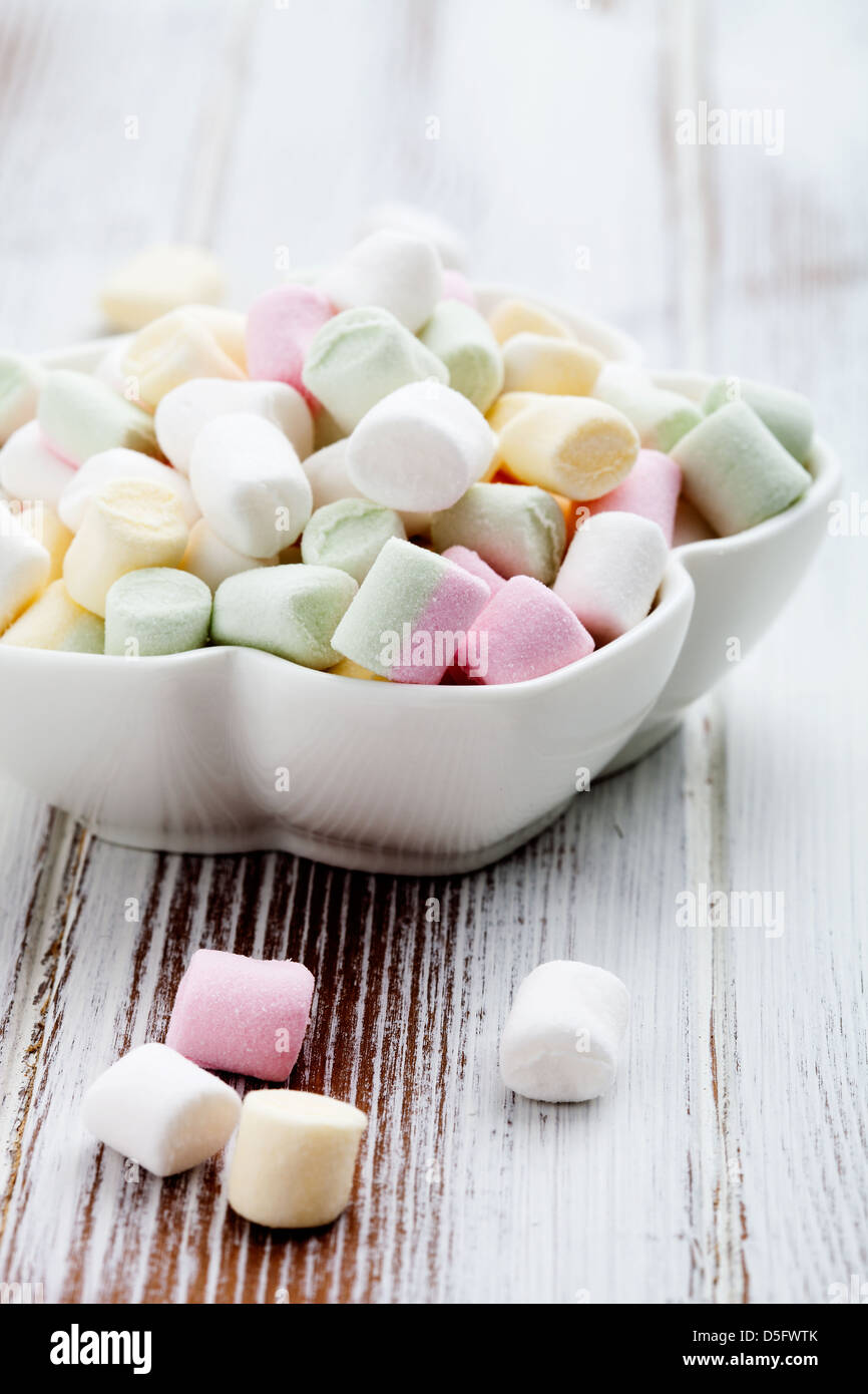 Colorful marshmallows in white bowl, selective focus Stock Photo - Alamy