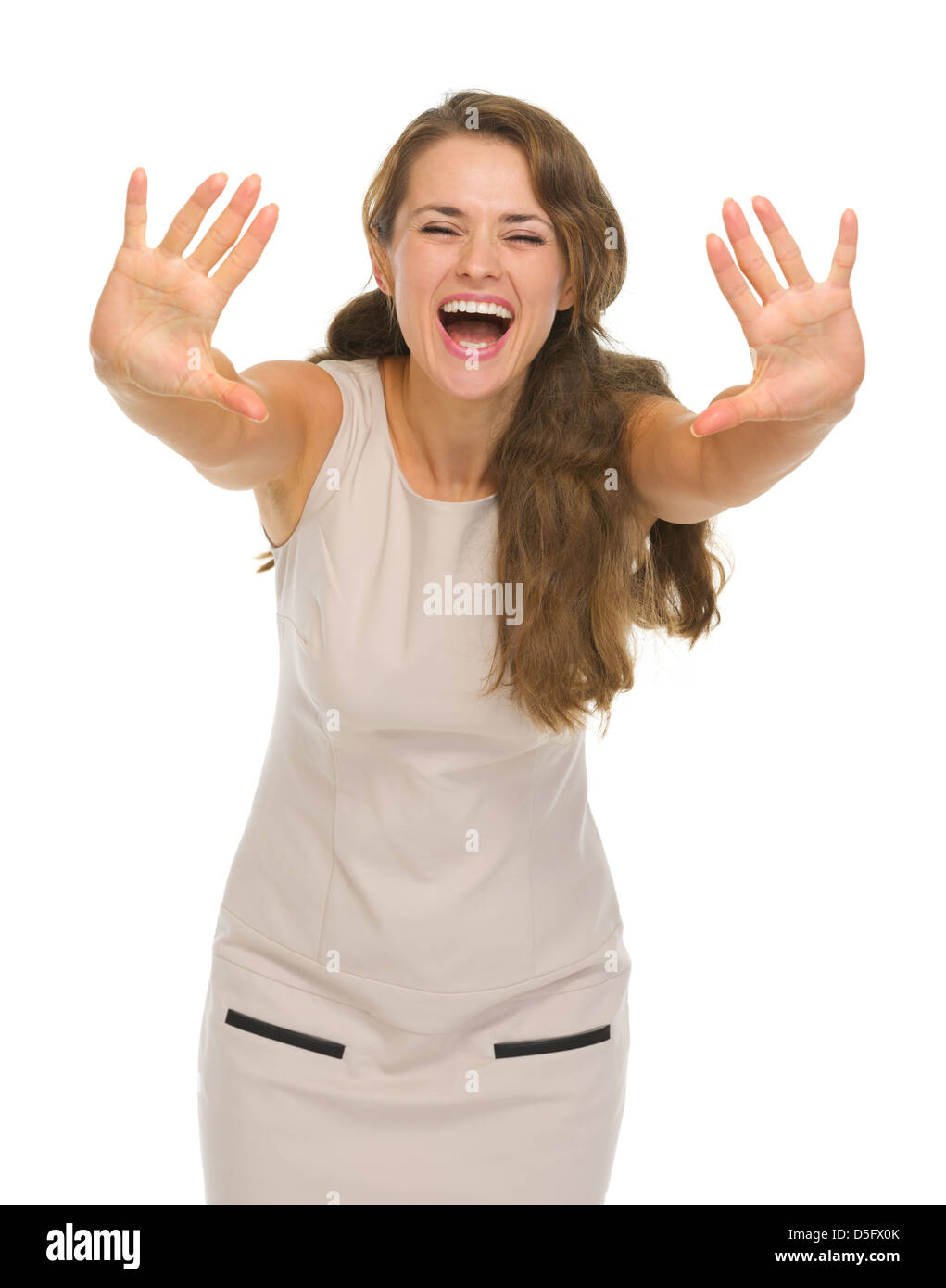 Happy young woman with hands stretched forward Stock Photo - Alamy