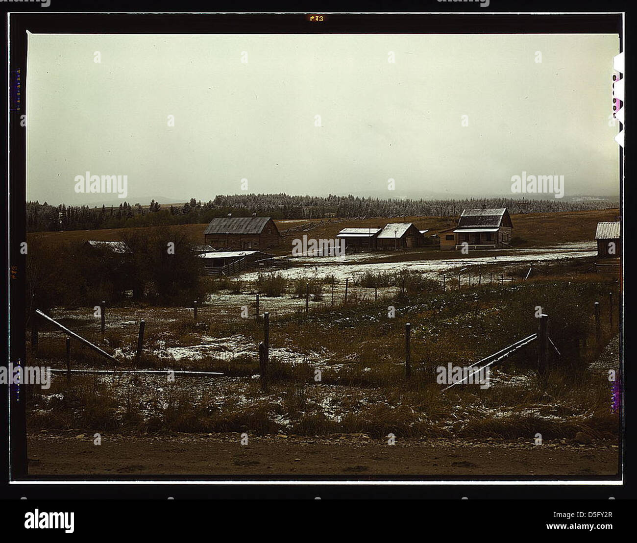 A winter scene of Ben Bow Mill in Stillwater County, Montana, showing ...