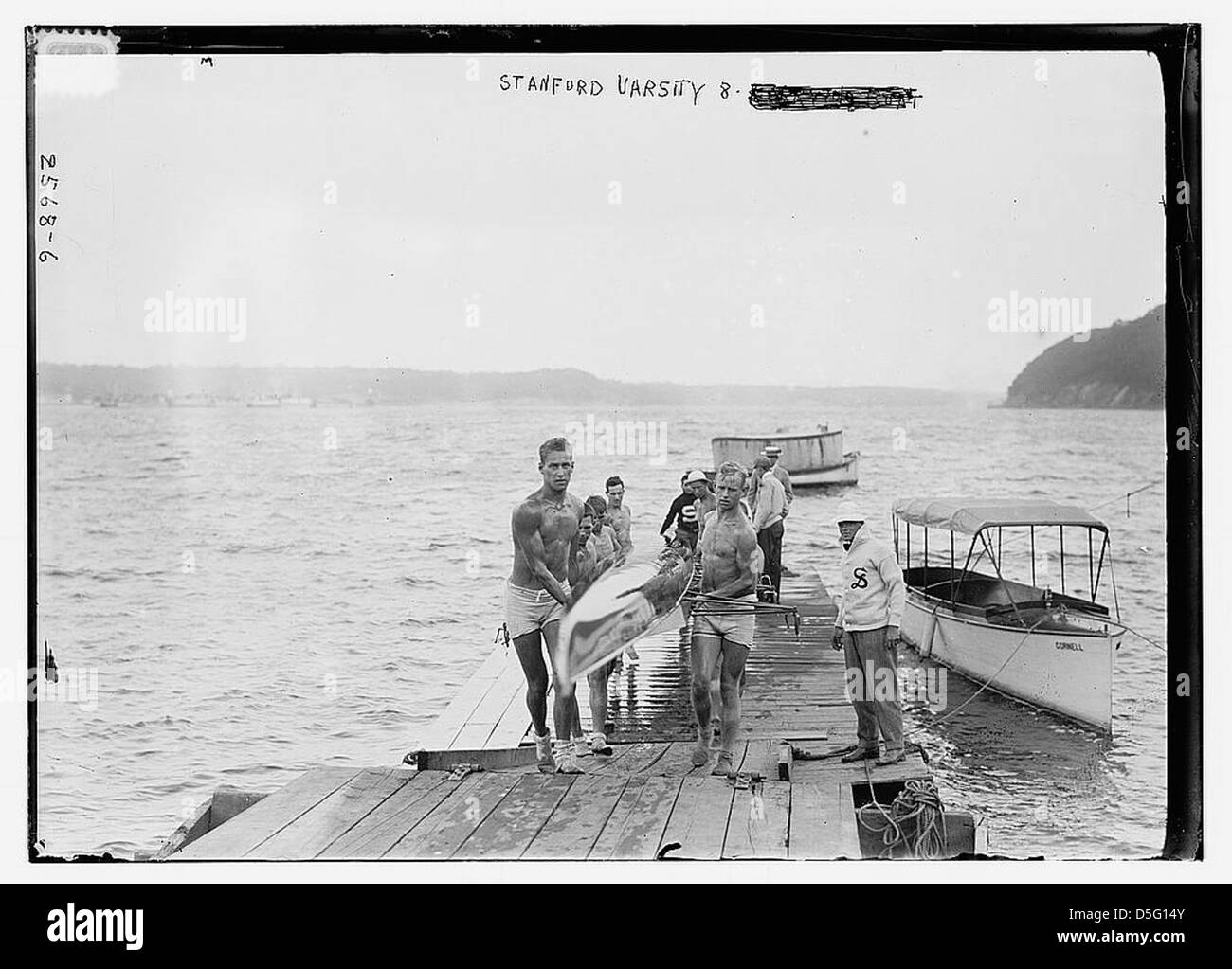 The Stanford Varsity boat crew team captured during a rowing event ...