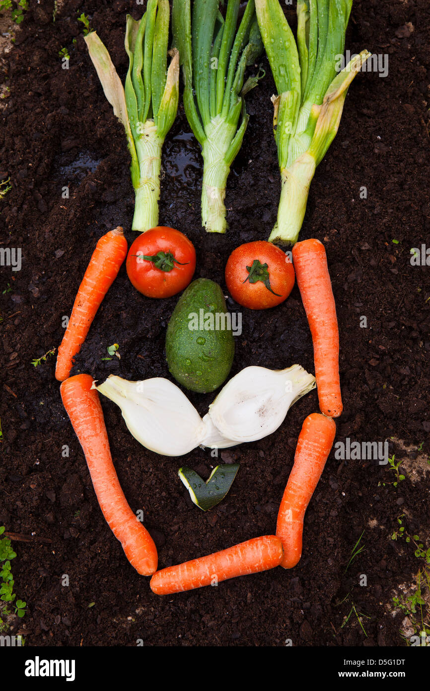 funny face made with organic vegetables in a healthy kitchen garden ...
