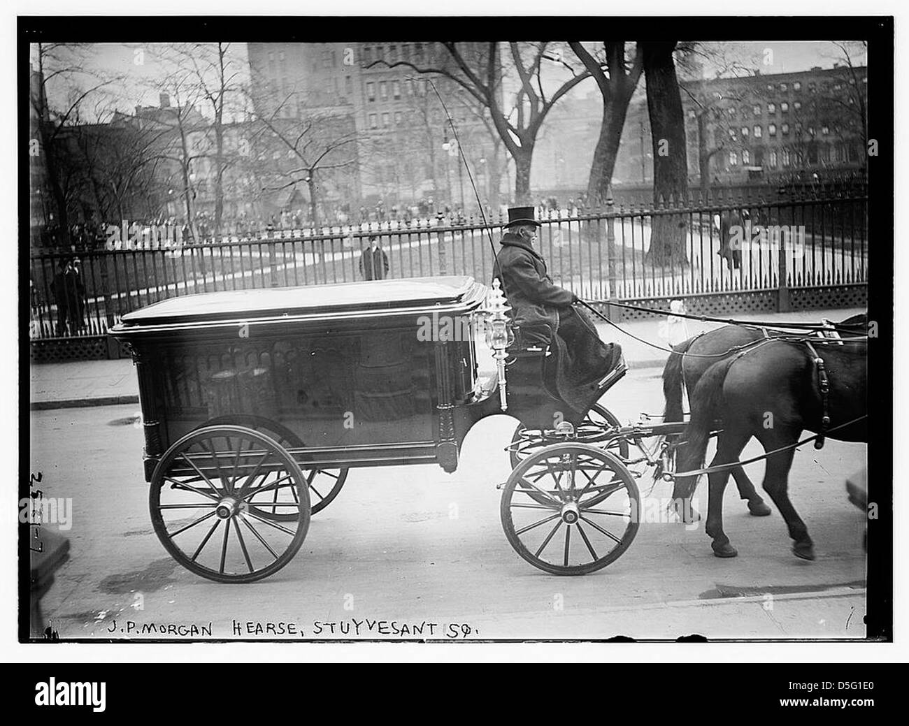 A photograph of the hearse carrying J.P. Morgan's body, passing through ...
