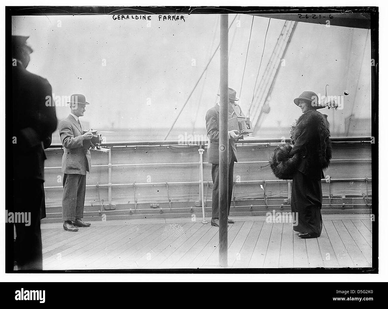 This image shows opera singer Geraldine Farrar on a boat deck. Farrar ...