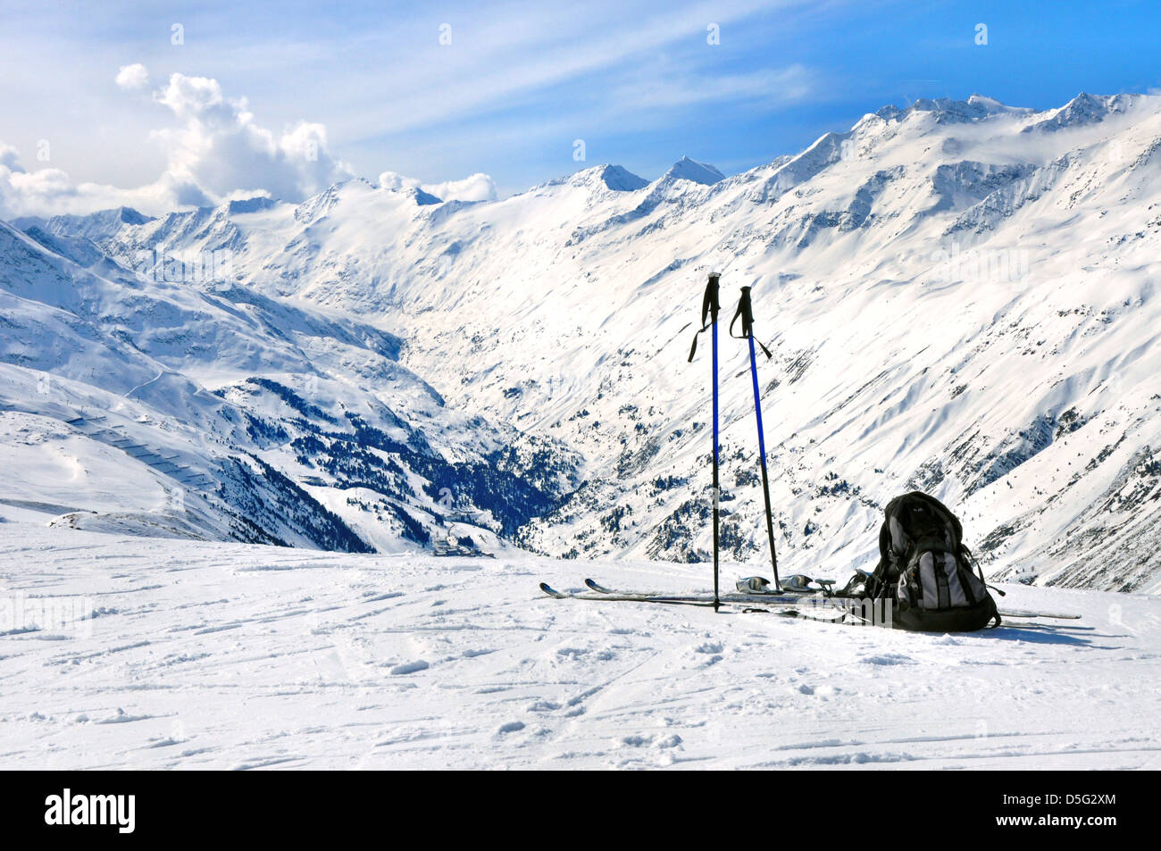 Skis, ski poles and backpack in Hochgurgl ski resort in Otztal Alps ...