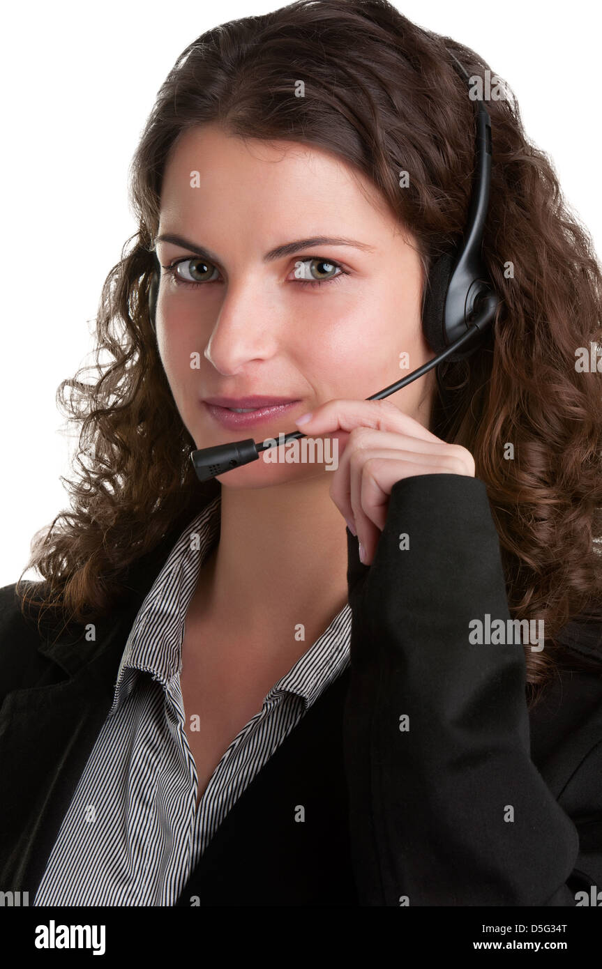 Corporate woman talking over her headset, isolated in a white background Stock Photo - Alamy