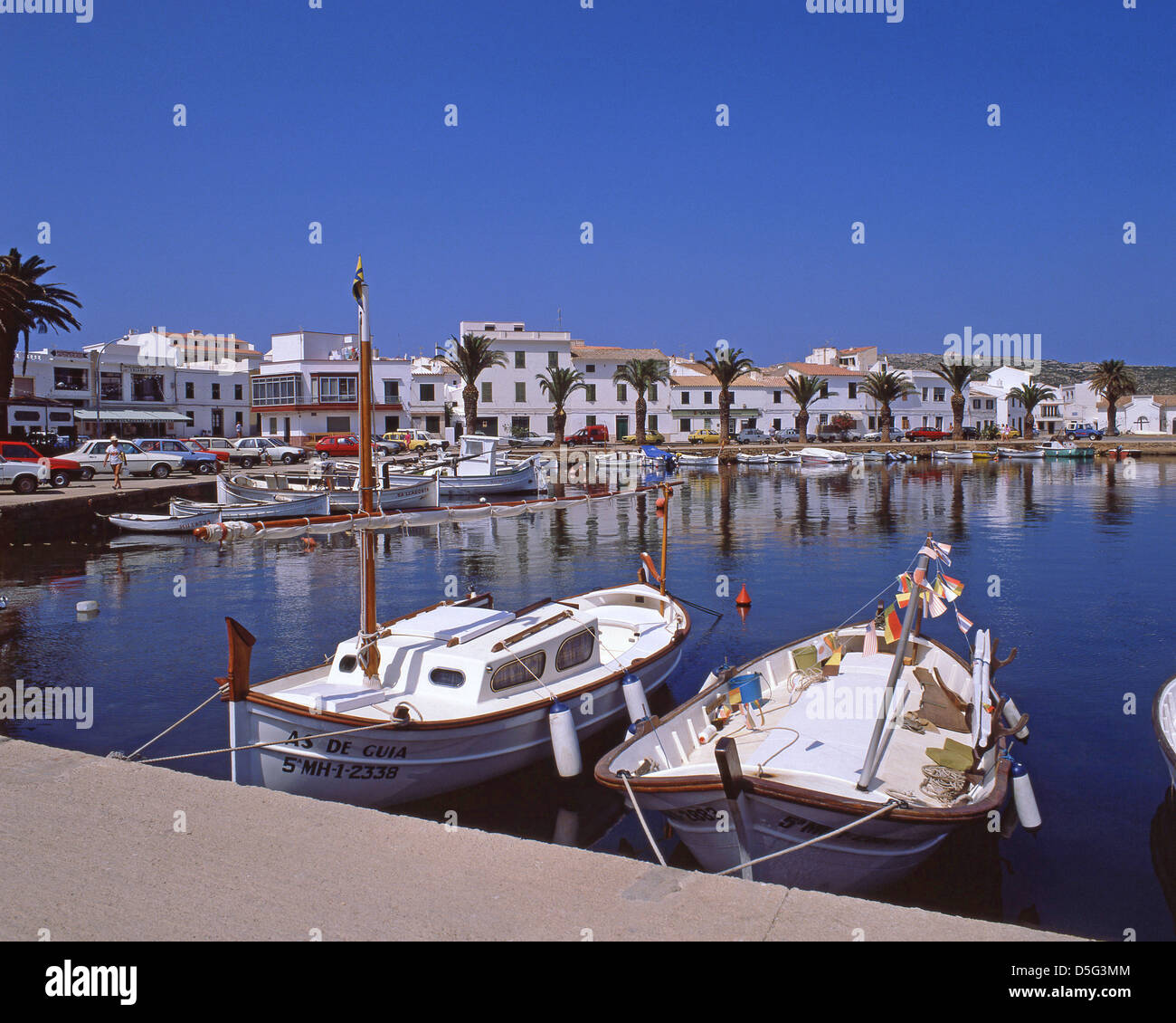 Traditional fishing boats in marina, Fornells, Menorca, Balearic ...