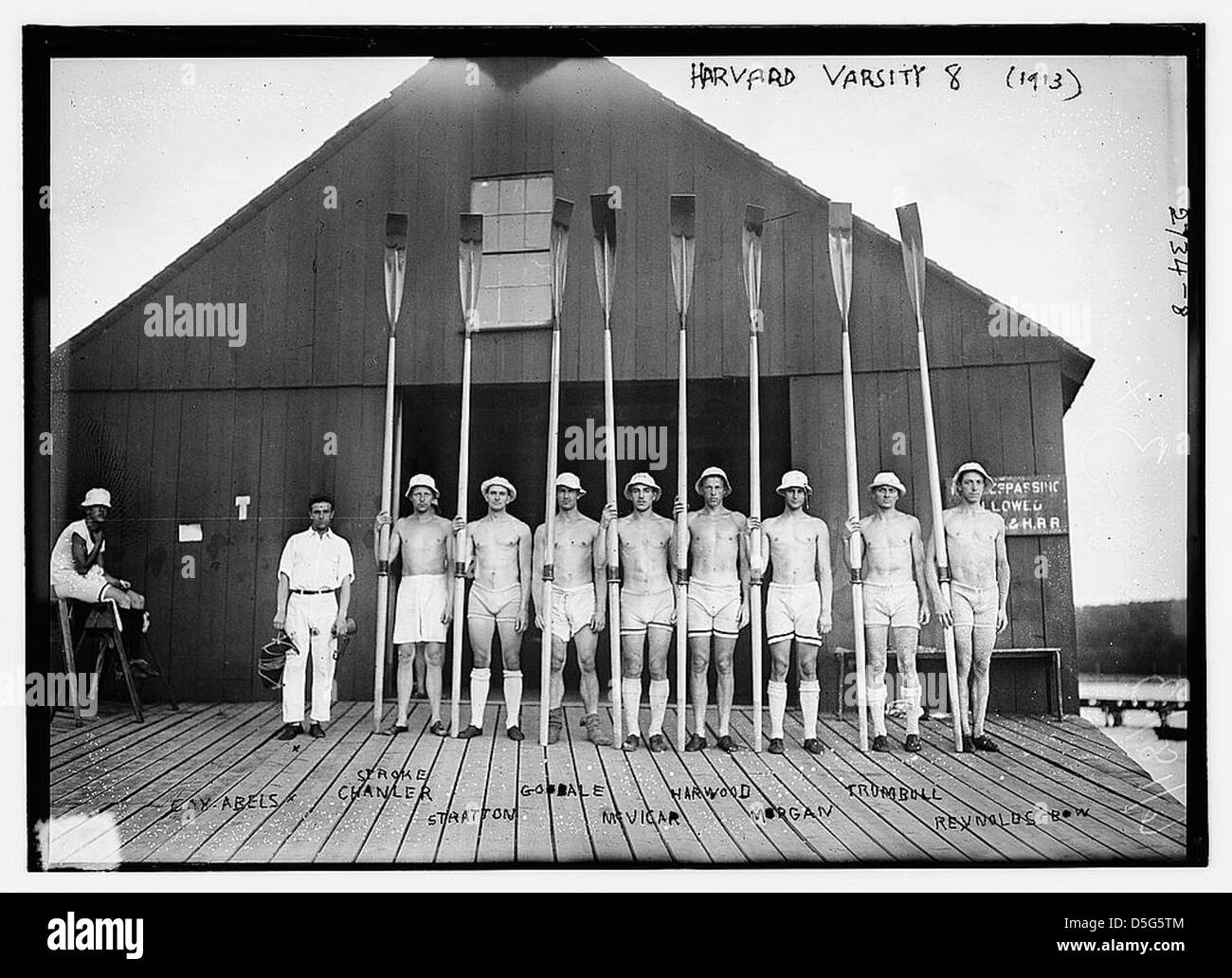 The photograph depicts the 1913 Harvard Varsity 8 rowing team, an elite ...