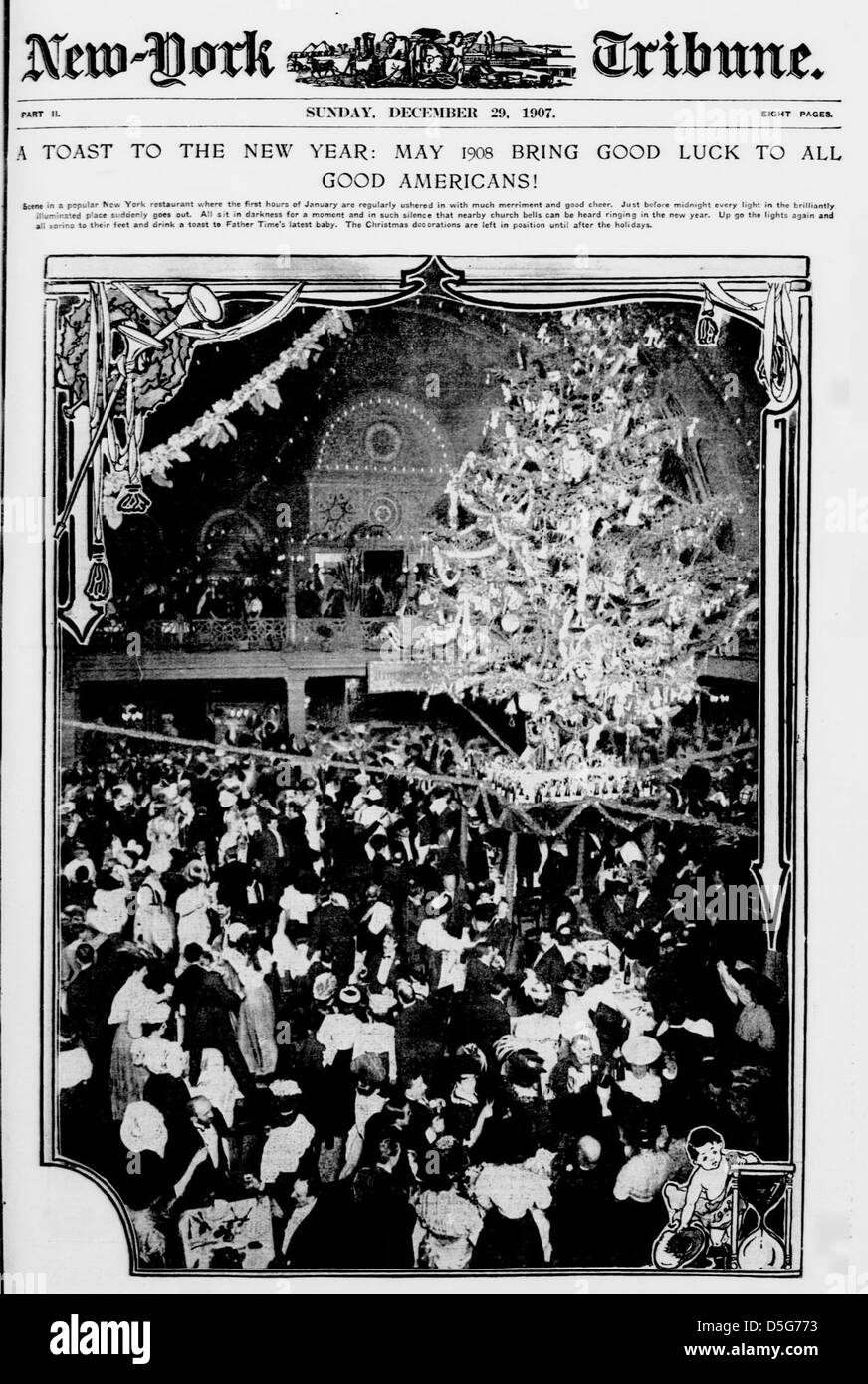 This image shows a celebratory scene in New York City as people toast ...