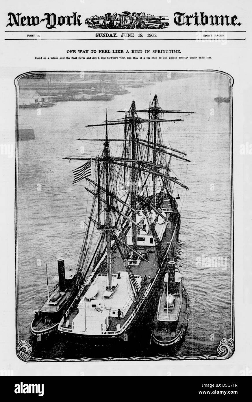 A freighter ship under full sail is depicted in spring, showcasing the ...