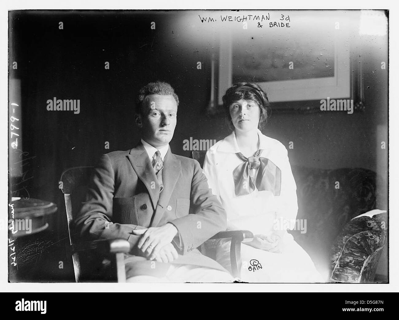 A formal portrait of Wm. Weightman 3rd and his bride, captured seated ...