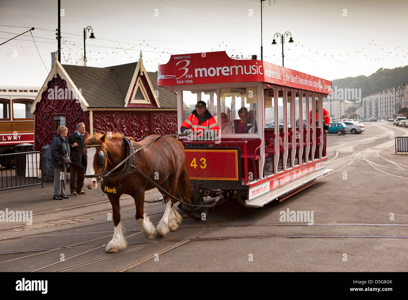 Isle of Man, Douglas, horse drawn tram arriving at Derby Castle ...