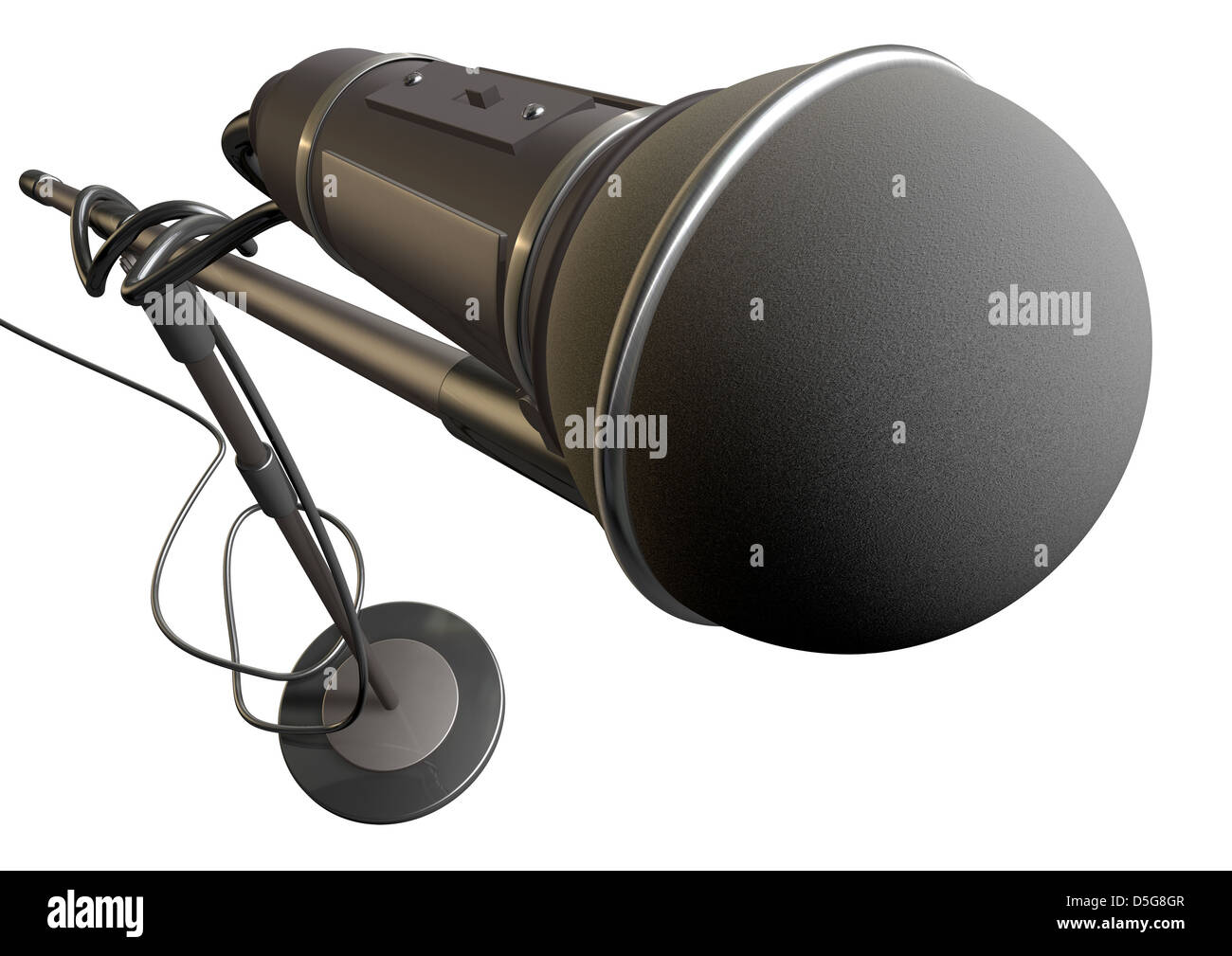 A black plastic and foam microphone on a stand an isolated background ...