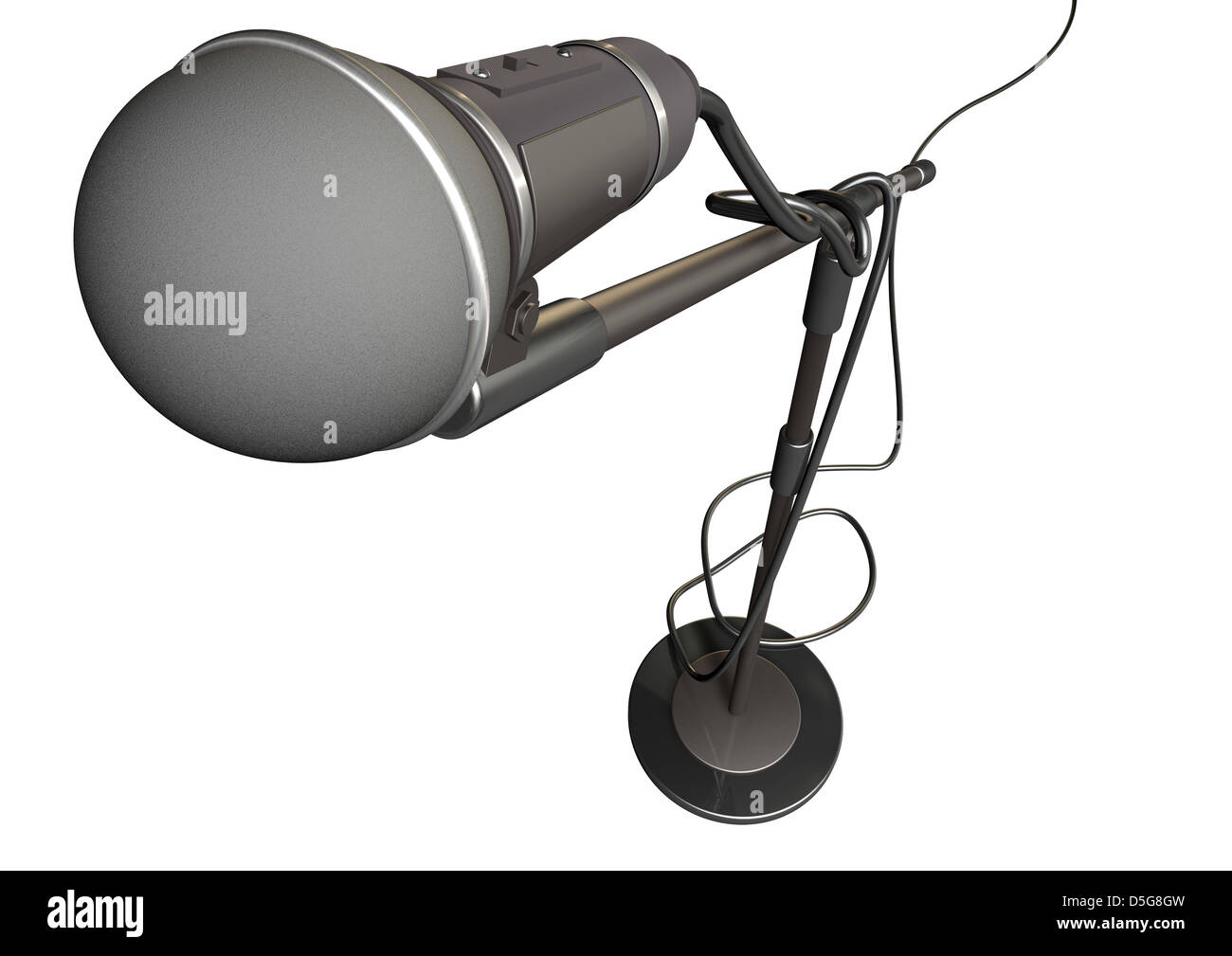 A black plastic and foam microphone on a stand an isolated background ...