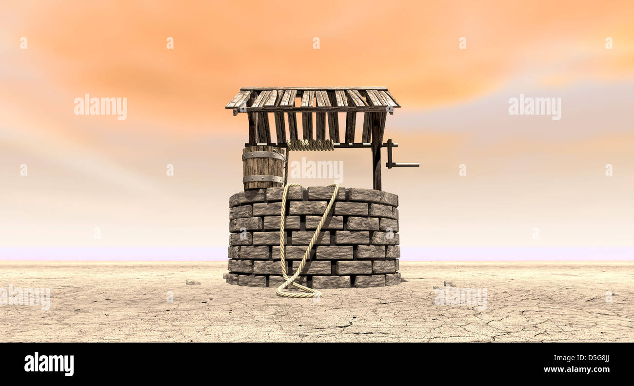 A brick water well with a wooden roof and bucket attached to a rope in ...