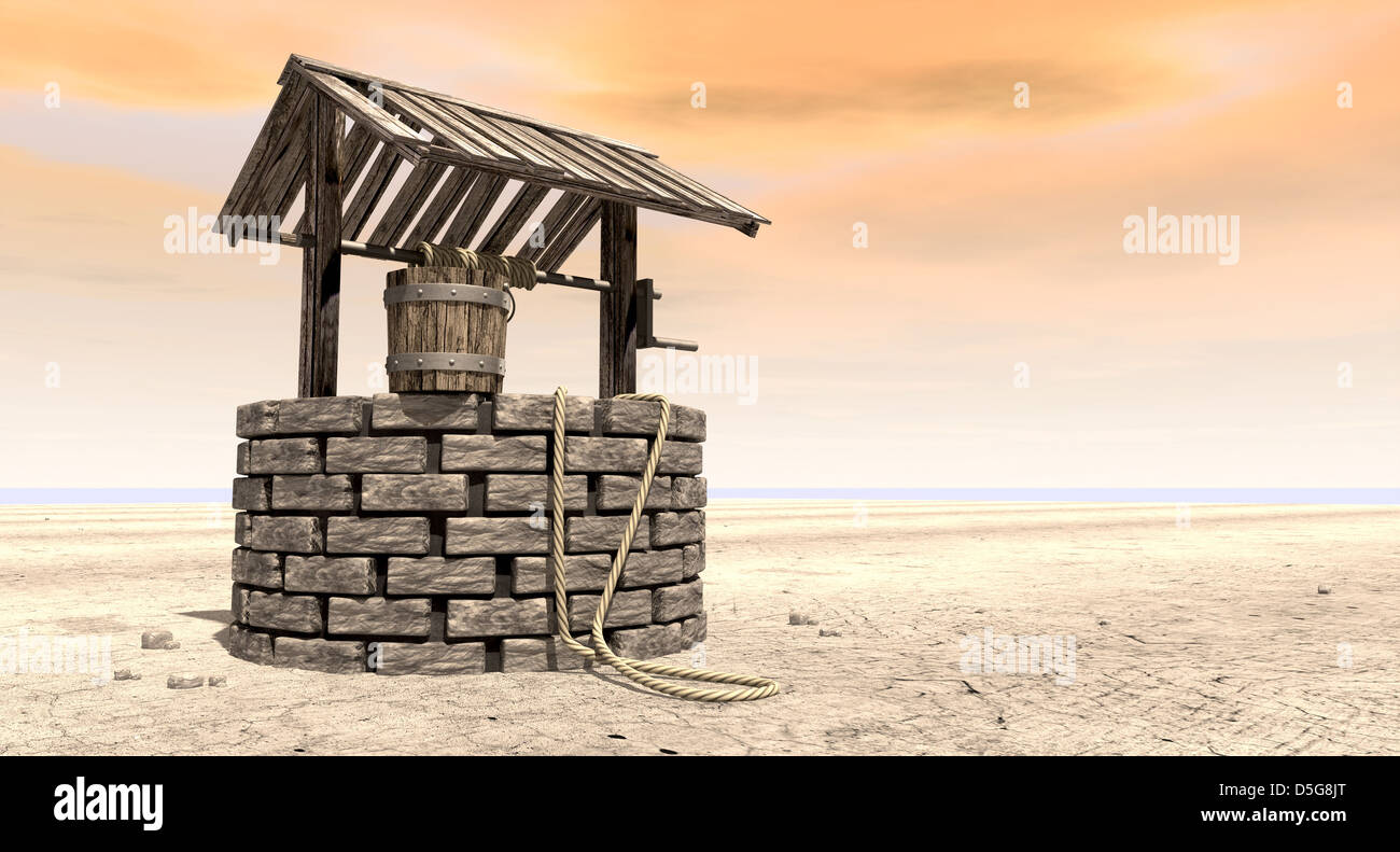 A brick water well with a wooden roof and bucket attached to a rope in ...