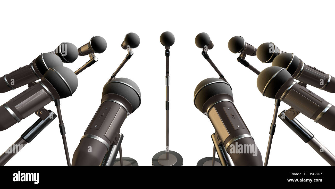 An array of black plastic and foam microphones on stands facing inwards ...