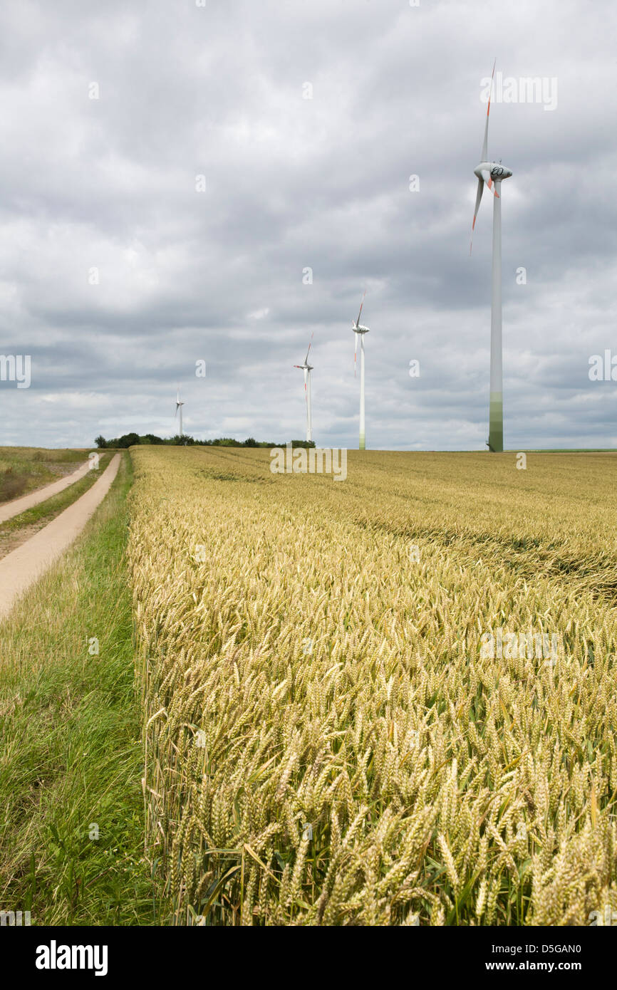 View across a wind farm near the village of Wellingen, Saarland ...