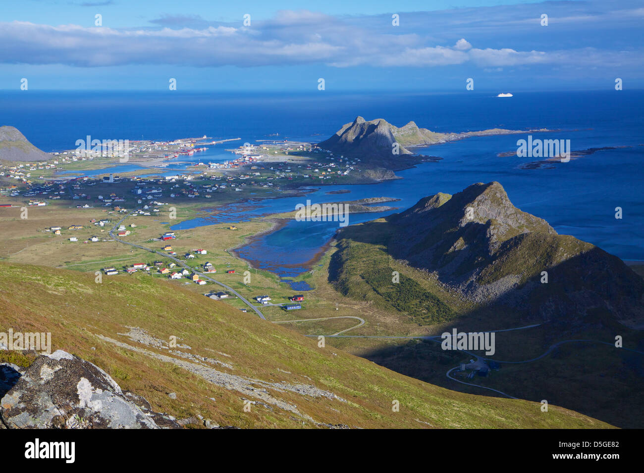 Arctic scenic island of Vaeroy on Lofoten, Norway, on sunny summer day ...