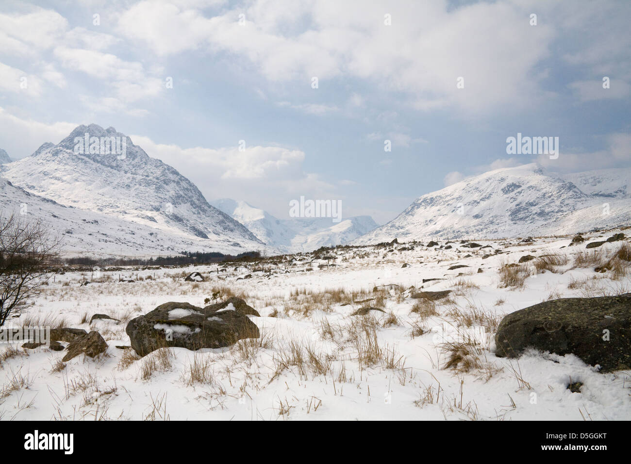 Ogwen Valley Conwy North Wales March View across to snow covered Tryfan ...