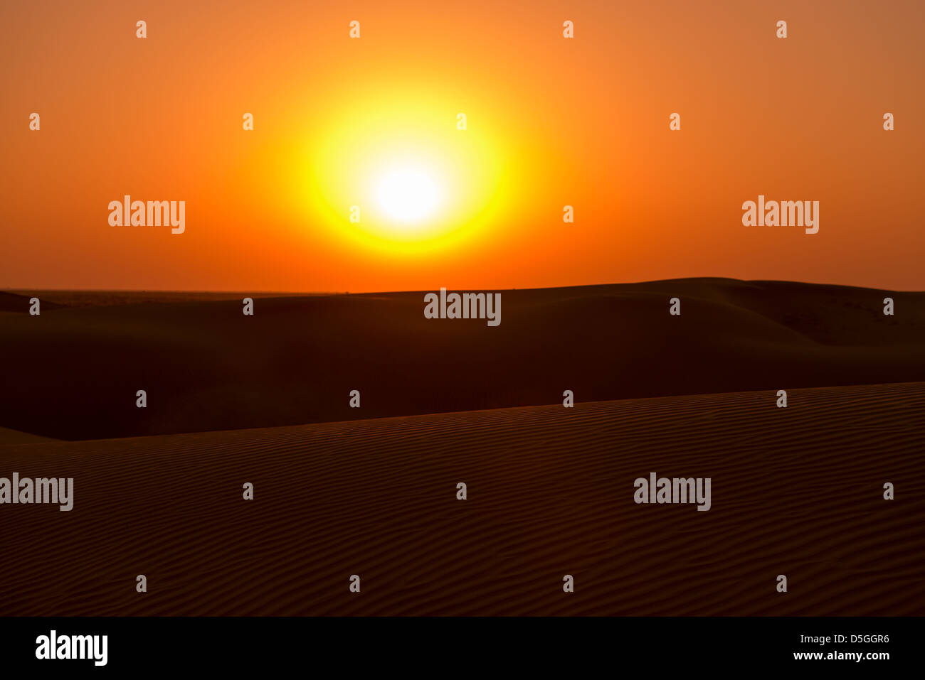 Big yellow sun under sand dunes in desert at sunset. Thar desert or ...
