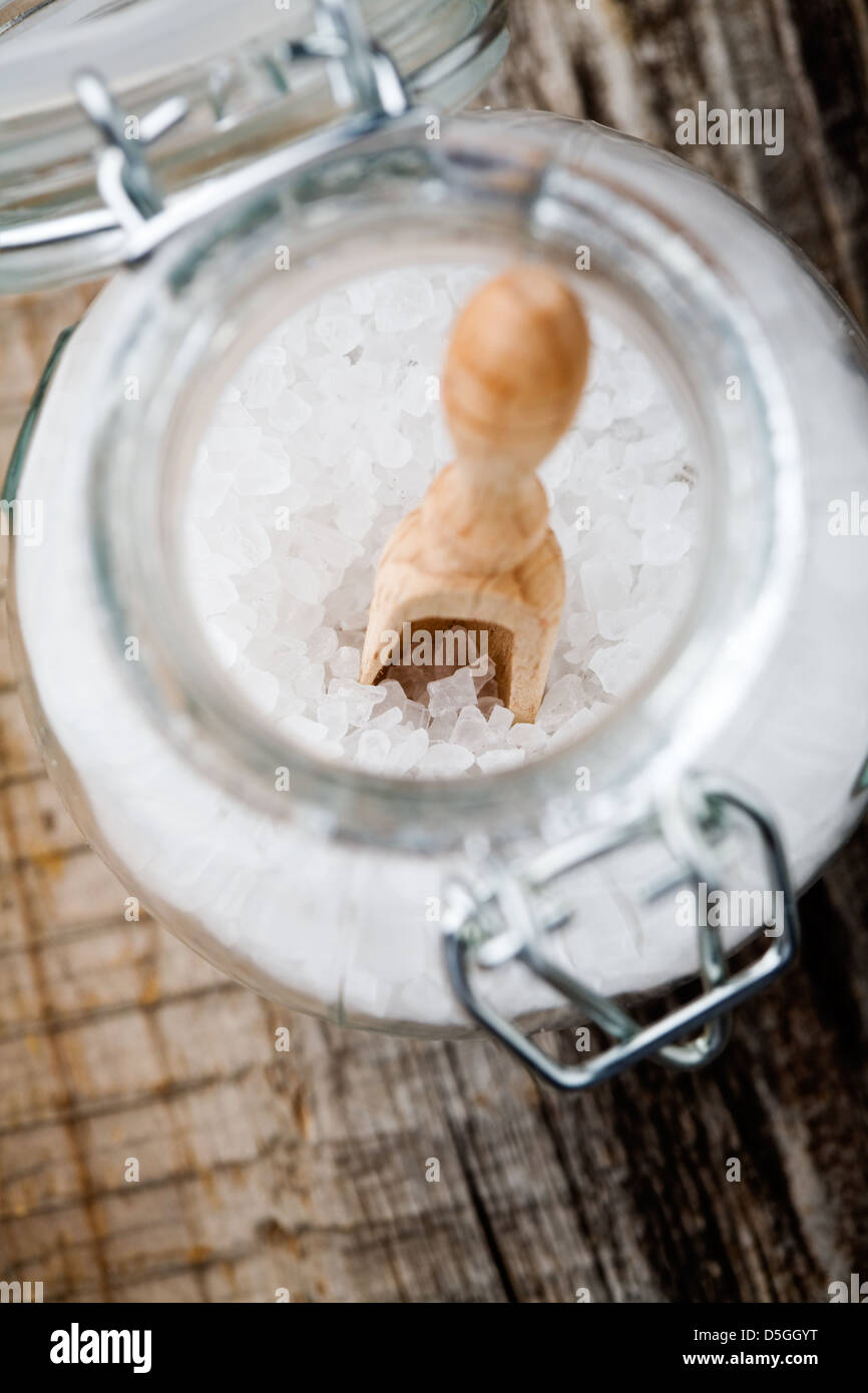 White rock salt in glass jar, selective focus Stock Photo - Alamy