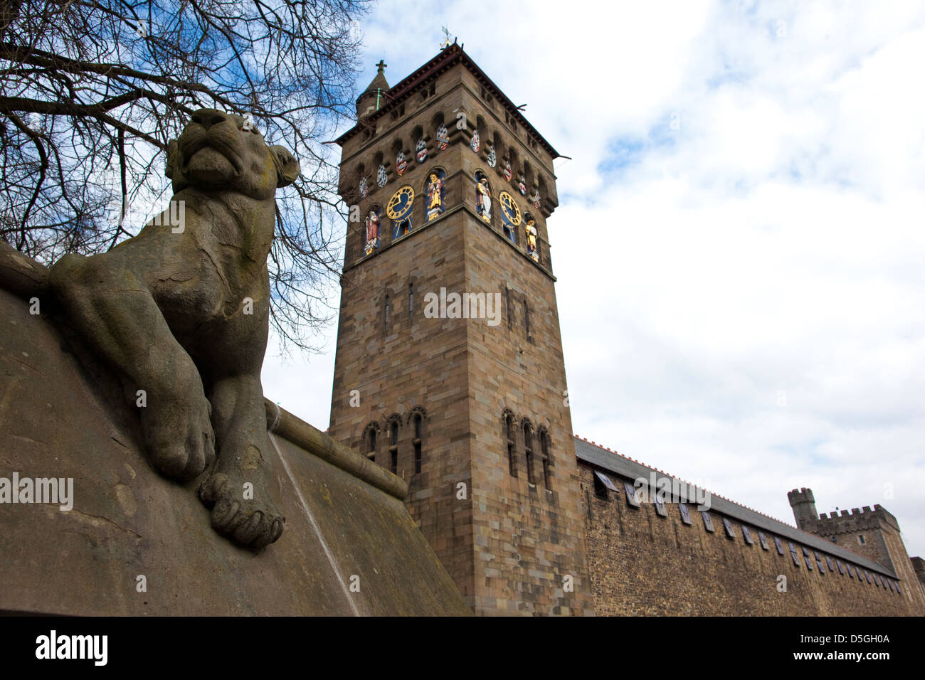The Animal Wall, alongside Cardiff Castle clock tower, Cardiff, South Glamorgan, Wales, United ...