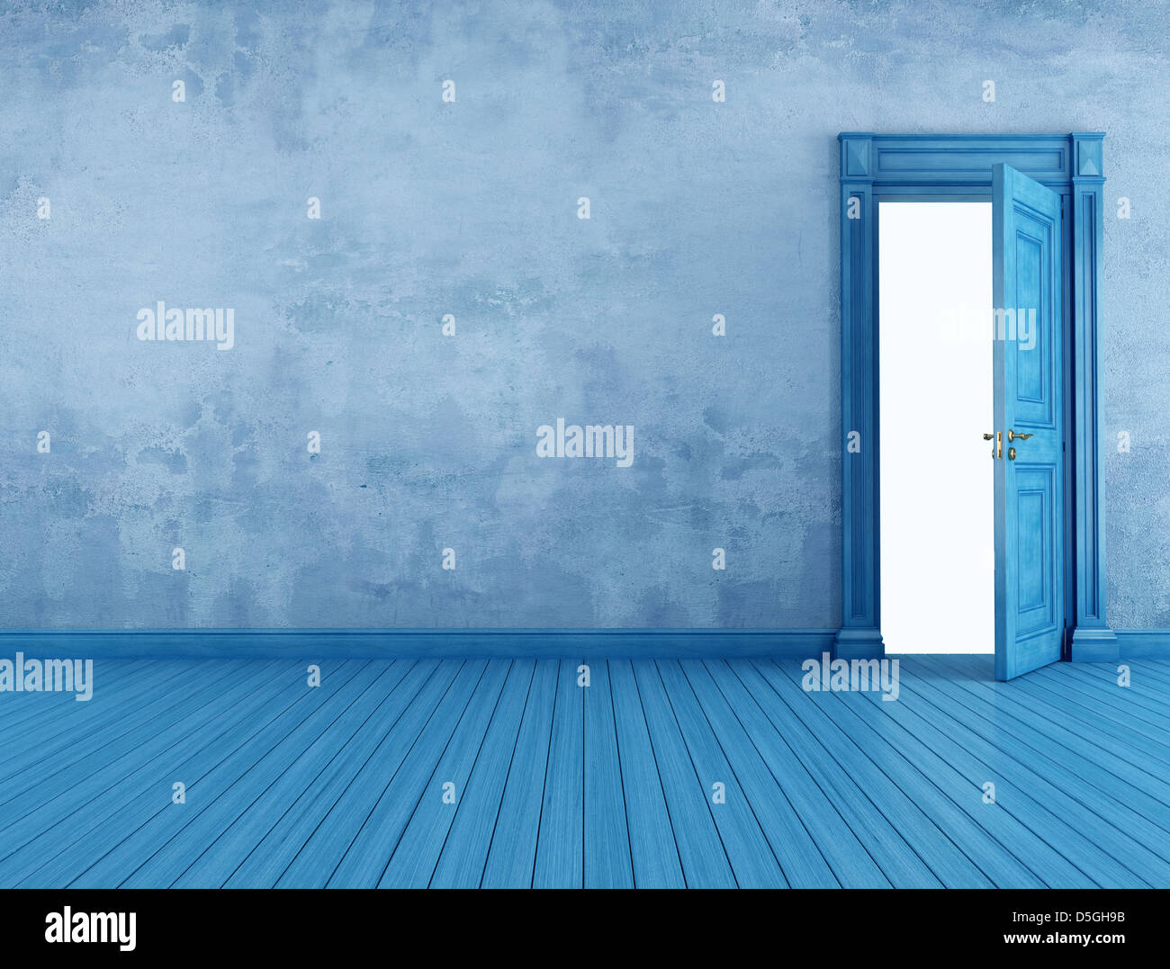 Empty blue vintage room with open old door - rendering Stock Photo - Alamy