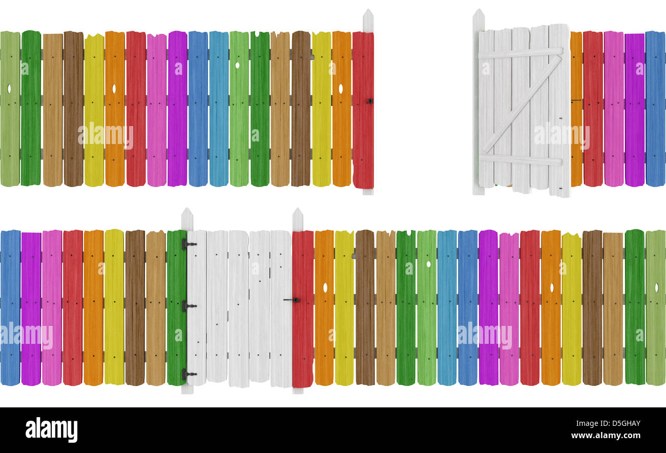 Colorful wooden fence with open and close gate isolated on white ...