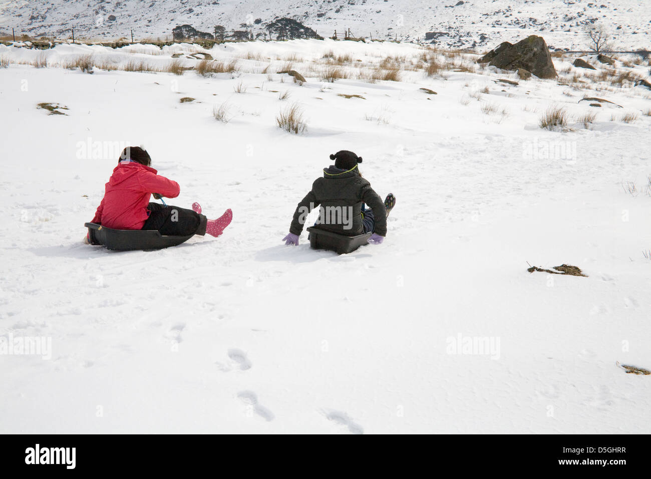 Conwy North Wales March Two young girls sledging along a snow covered ...