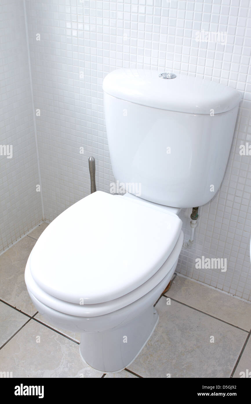 white toilet in a clean white tiled bathroom Stock Photo - Alamy