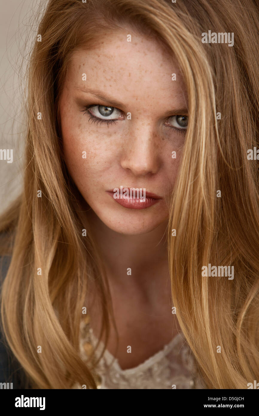 Woman portrait blue eyes sandy hair Stock Photo - Alamy