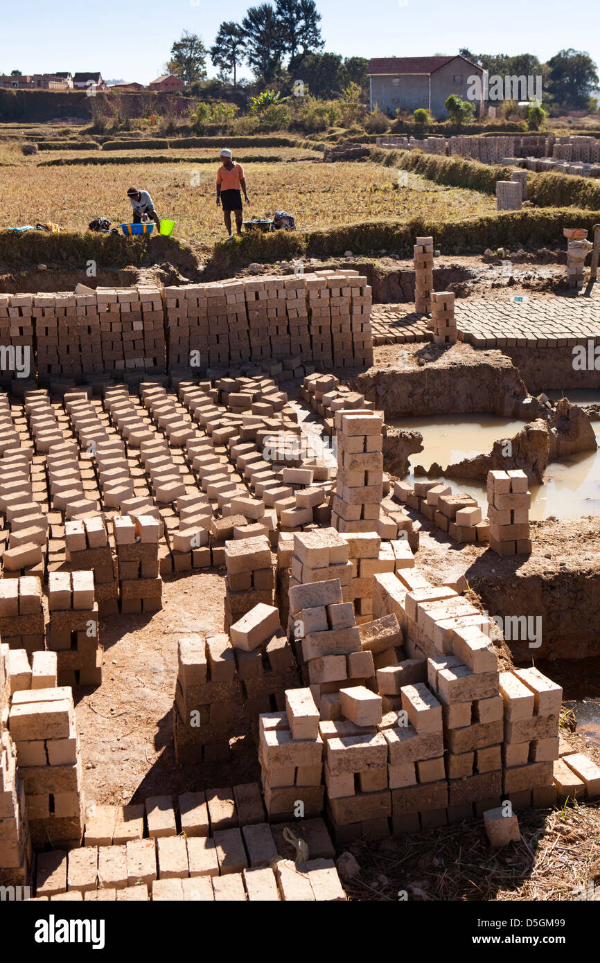 Madagascar, Antananarivo, brick making in former rice field on ...