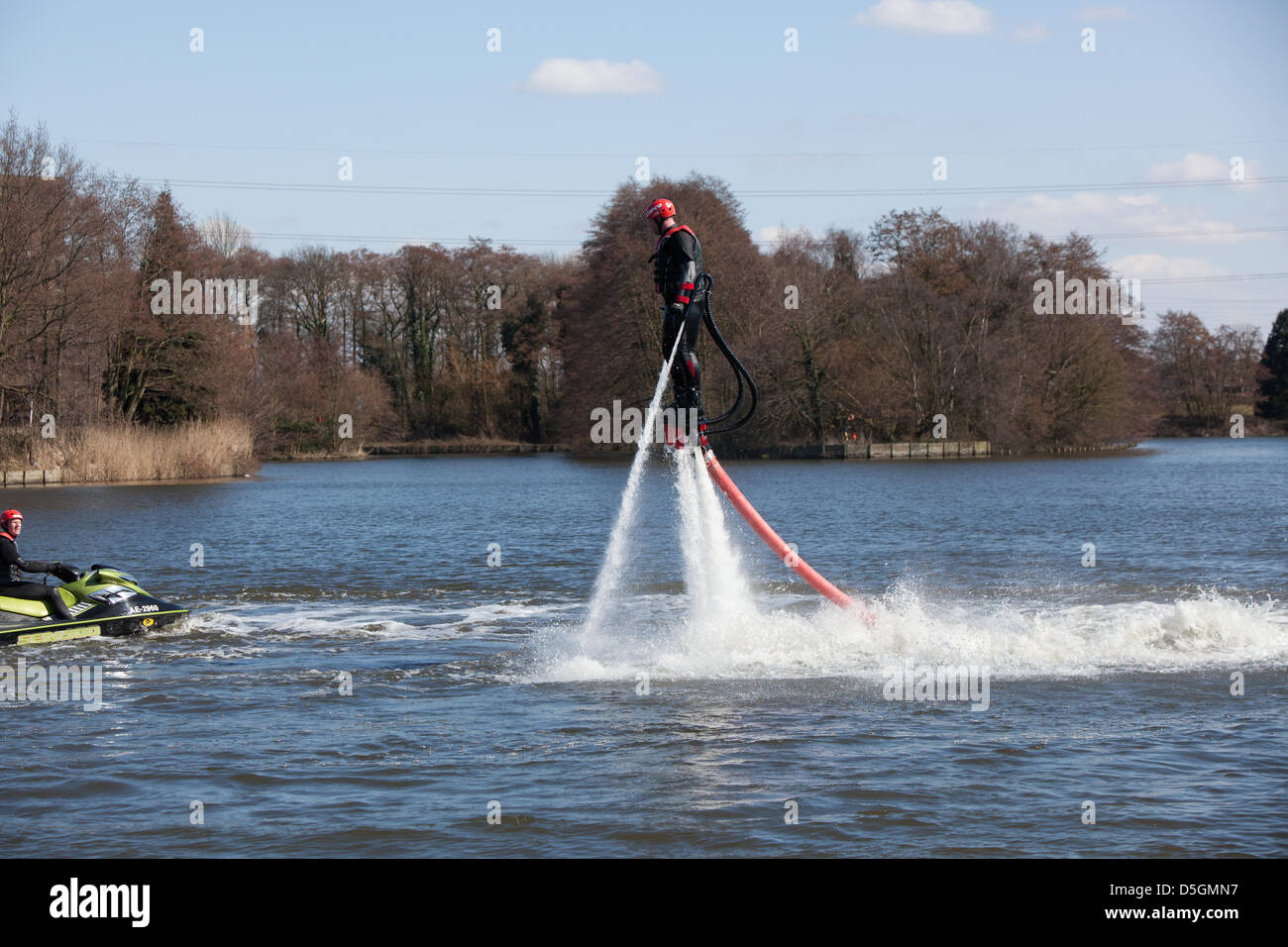 Birmingham, UK. 2nd April 2013. Demonstrating Flyboard on Pendigo Lake ... Birmingham, UK. 2nd April 2013. Demonstrating Flyboard on Pendigo Lake ...