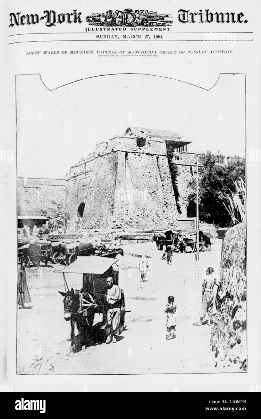 A photograph depicting the lofty walls of Moukden, capital of Manchuria ...