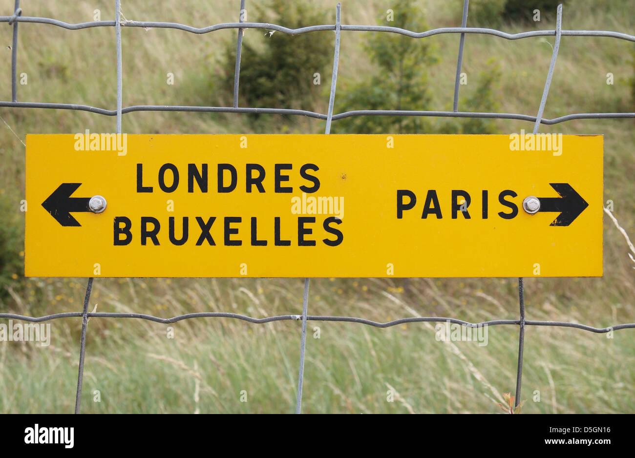 Sign on a fence in France indicating the Eurostar train directions on ...