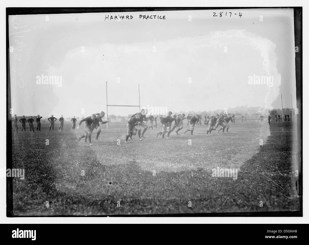 Harvard college football players practice on a field, engaging in ...
