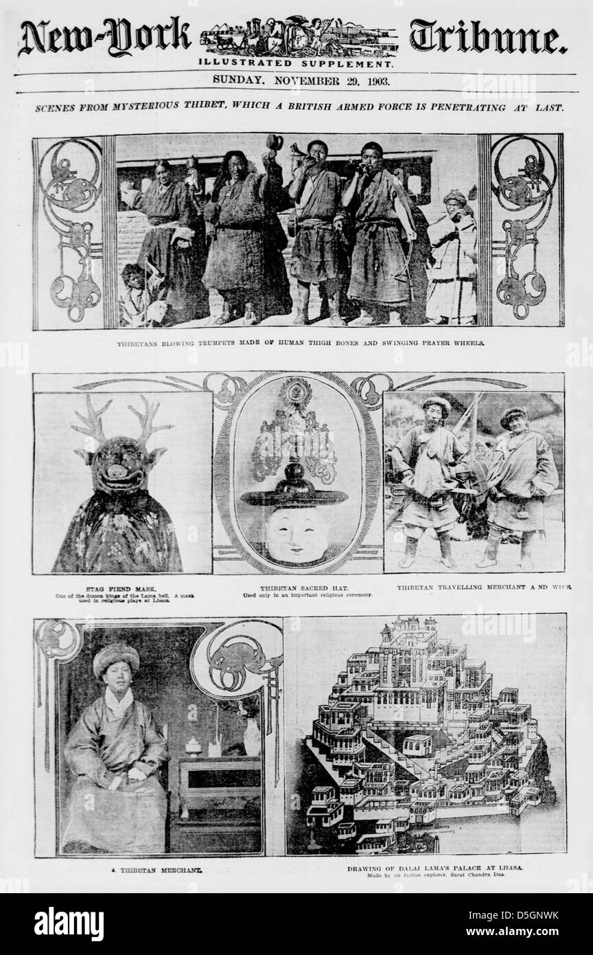 This image depicts scenes from Tibet in 1903, as a British armed force ...