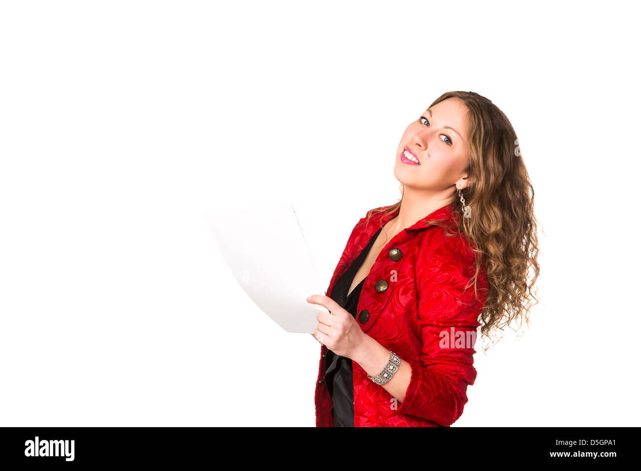 Attractive businesswoman studying paperwork and smiling isolated on ...