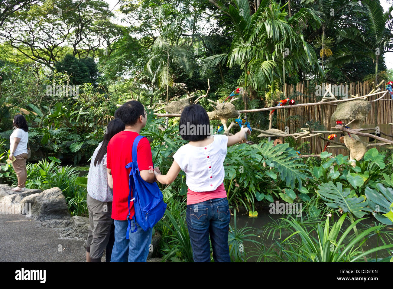 Tourists viewing the colorful birds (Macaws and others) at an exhibit ...