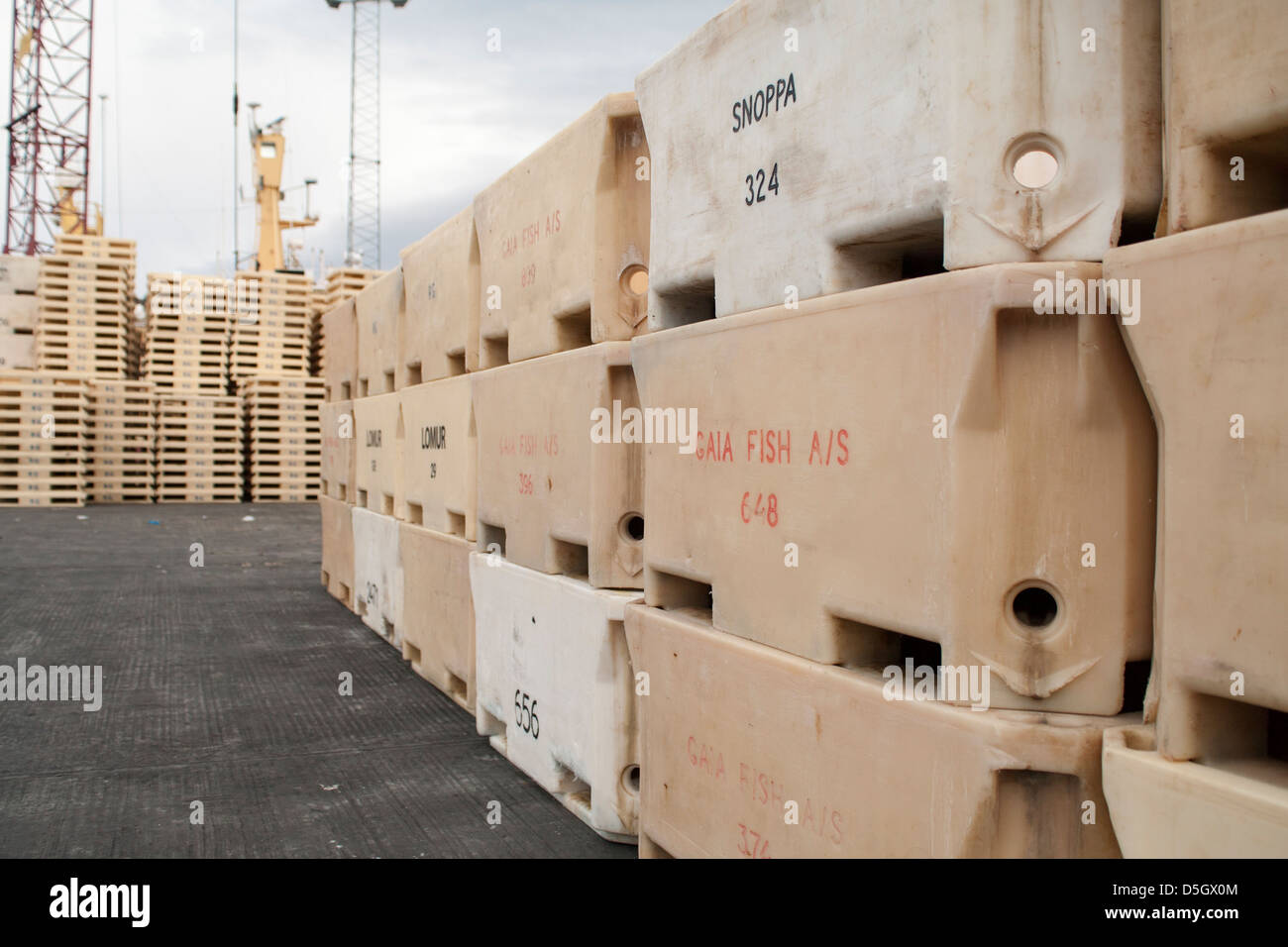 Stack of fish crates, Ilulissat harbour, Ilulissat (Jakobshavn ...