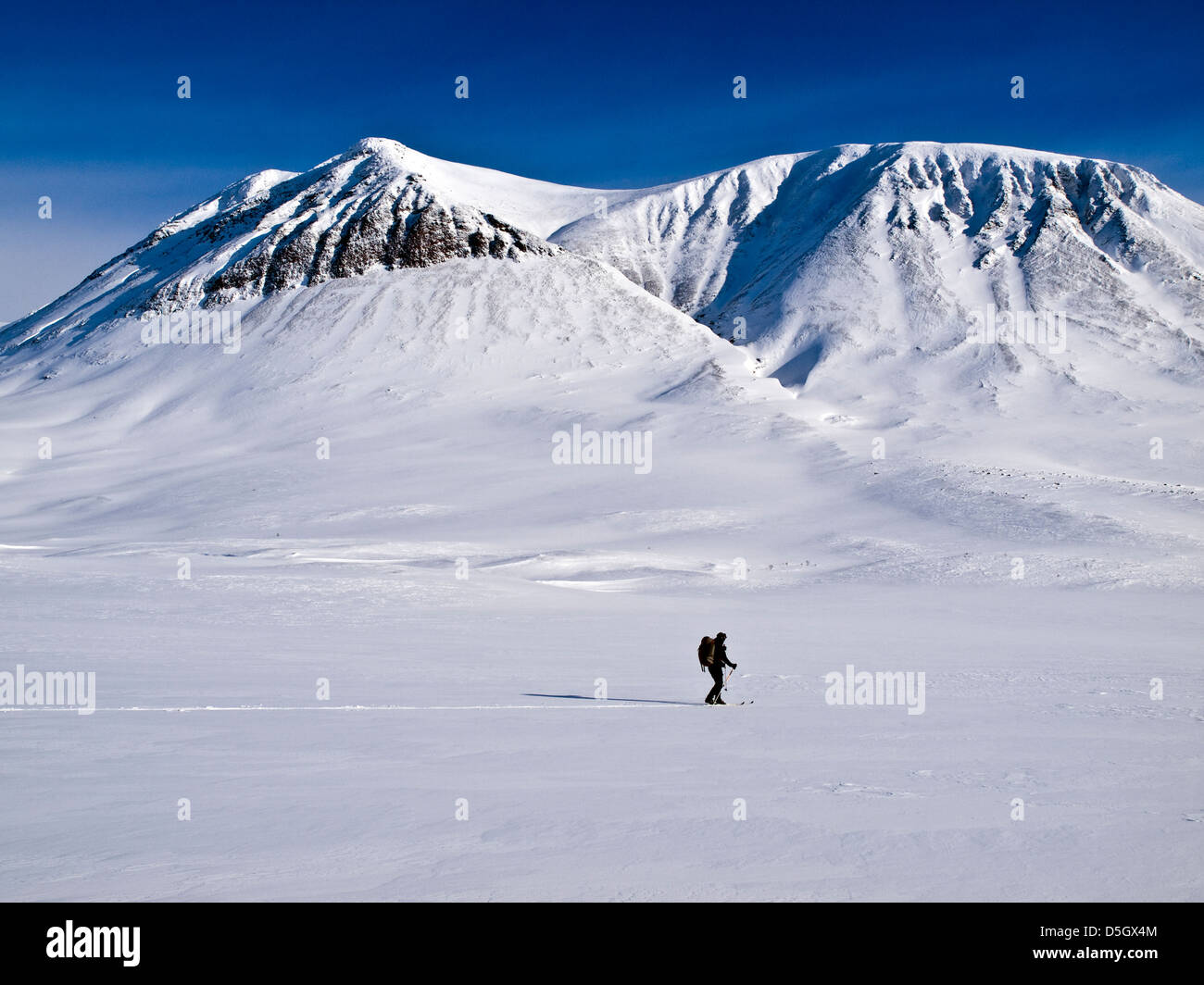 Single skier ski touring in northern Norway on the Troms Border Trail ...