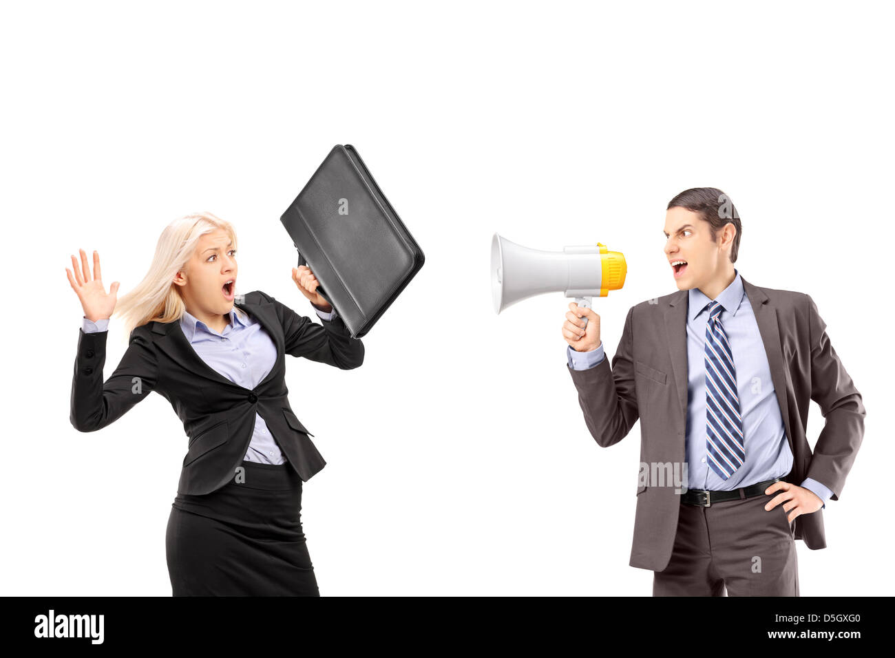 An afraid businesswoman and her manager shouting with a loudspeaker ...