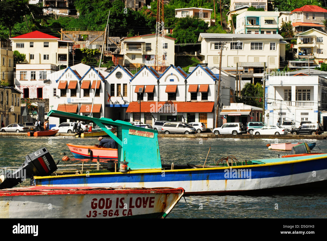 Grenada, St George, Carenage, British colonial houses over Bay with ...