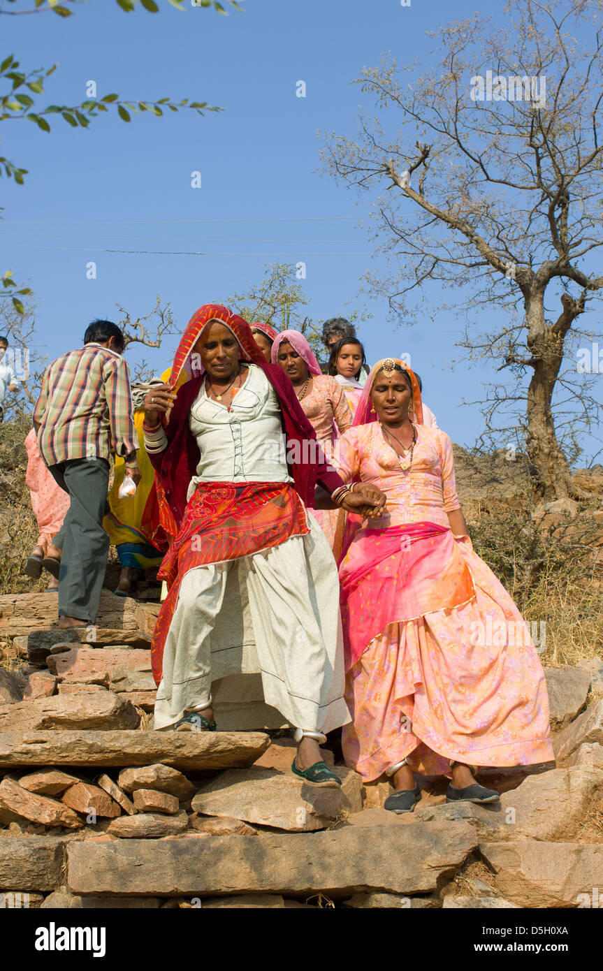 Rajasthani women walking down the hill from the Savitri Temple, Pushkar ...