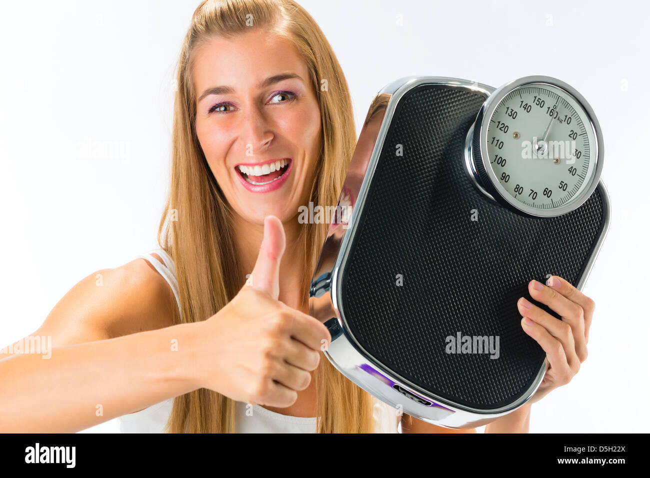 Diet and weight, young woman with a weight scale, she is happy about ...
