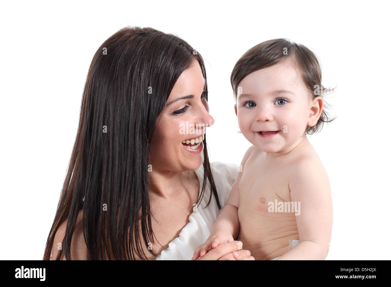Portrait Of A Beautiful Mother Holding Her Daughter Laughing Isolated