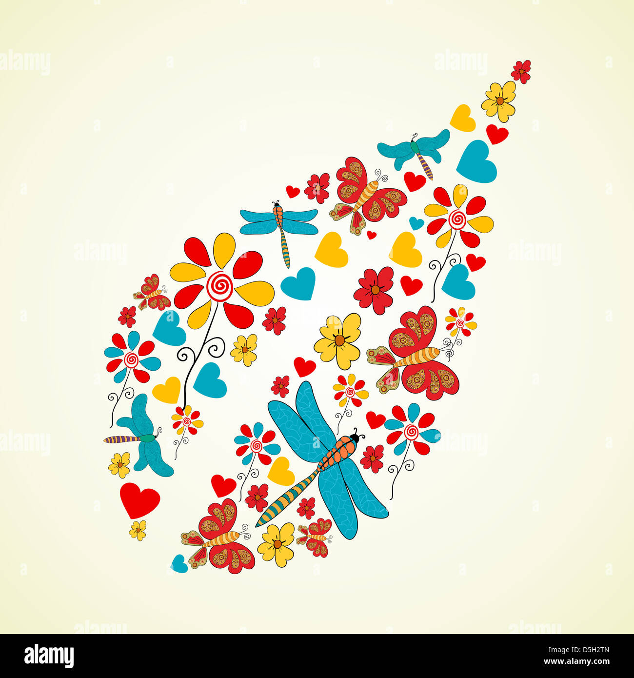 Spring flowers, dragonfly and heart leaf shape background. Vector ...