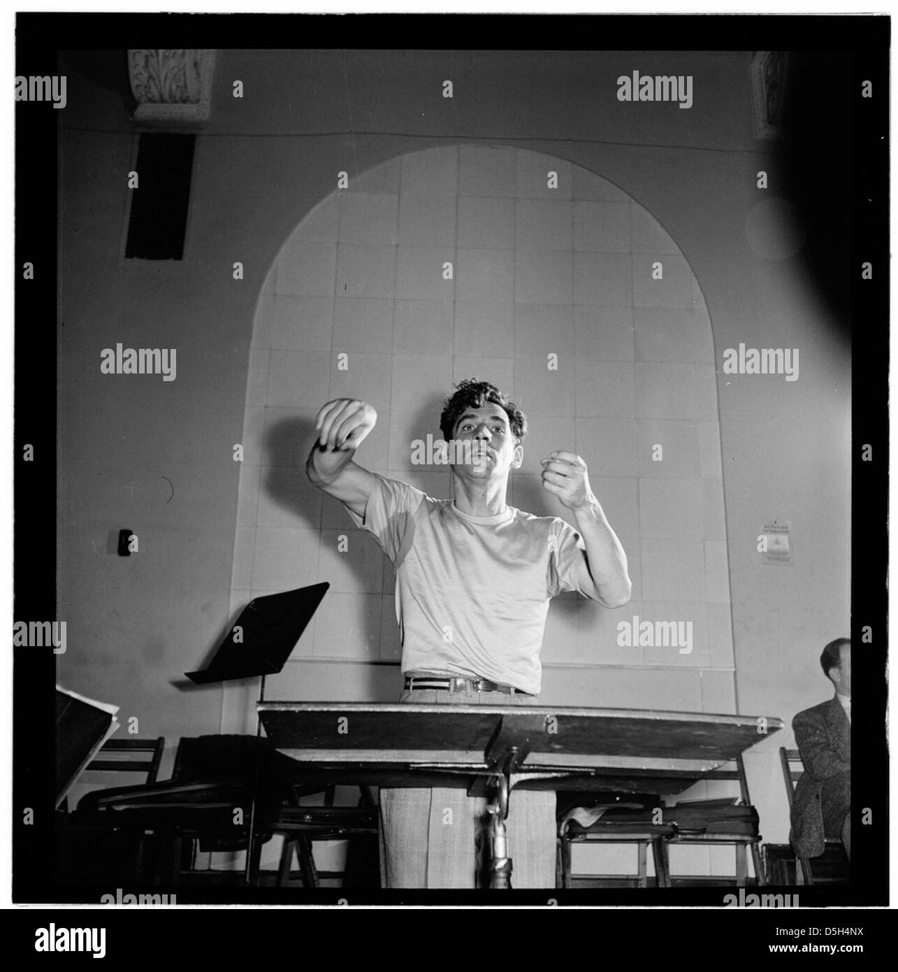 A portrait of Leonard Bernstein, the renowned American conductor and ...